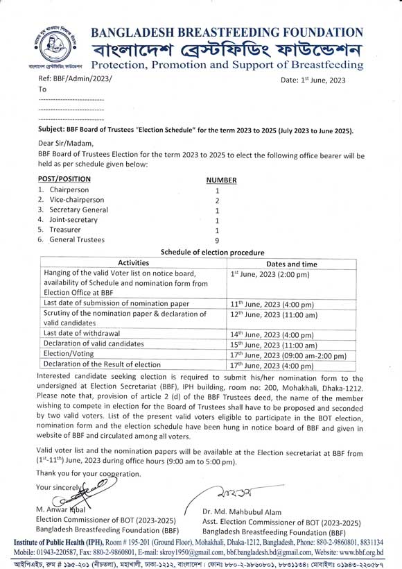 Election of BOT (2023-2025) - Bangladesh Breastfeeding Foundation